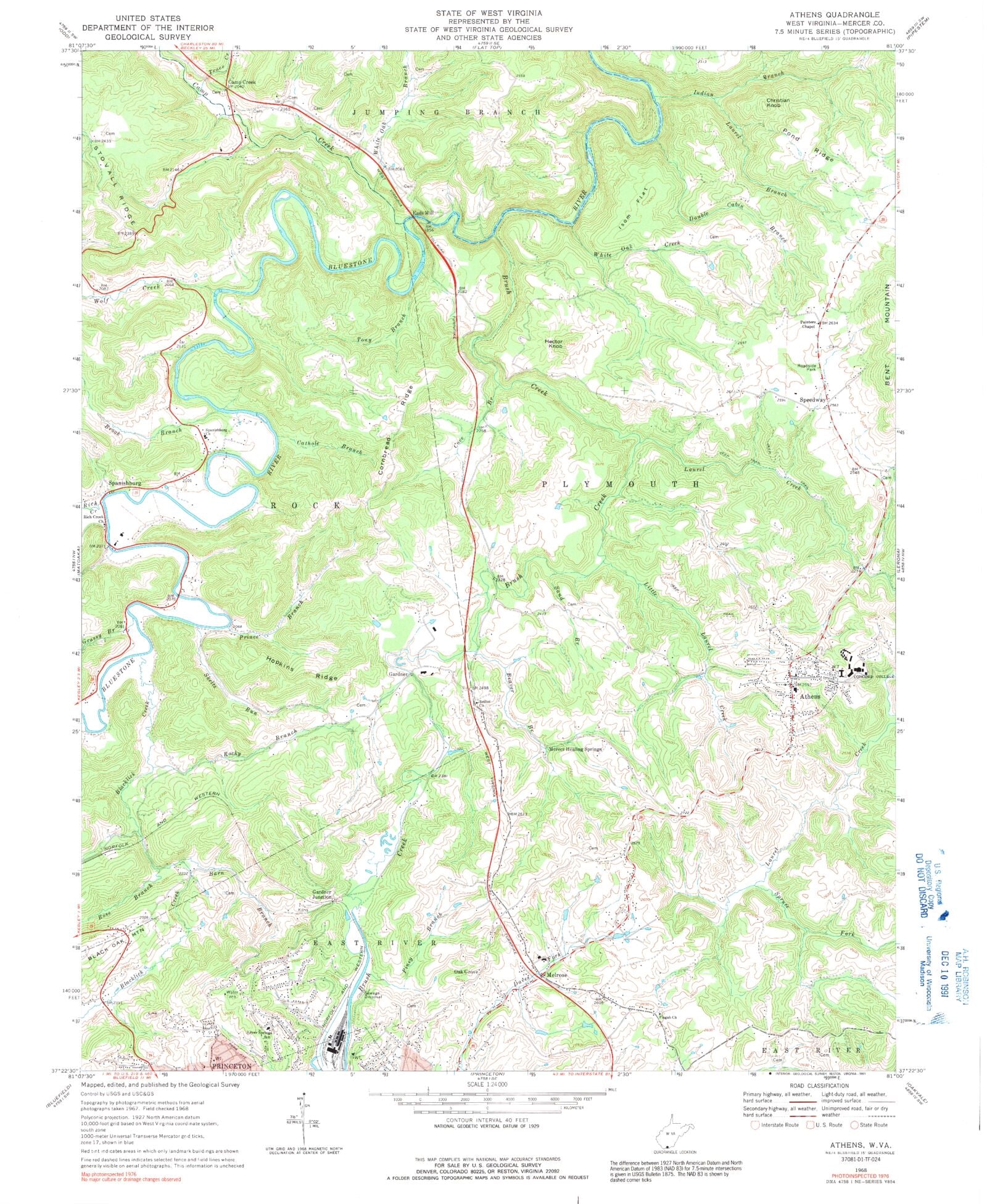 Classic USGS Athens West Virginia 7.5'x7.5' Topo Map – MyTopo Map Store