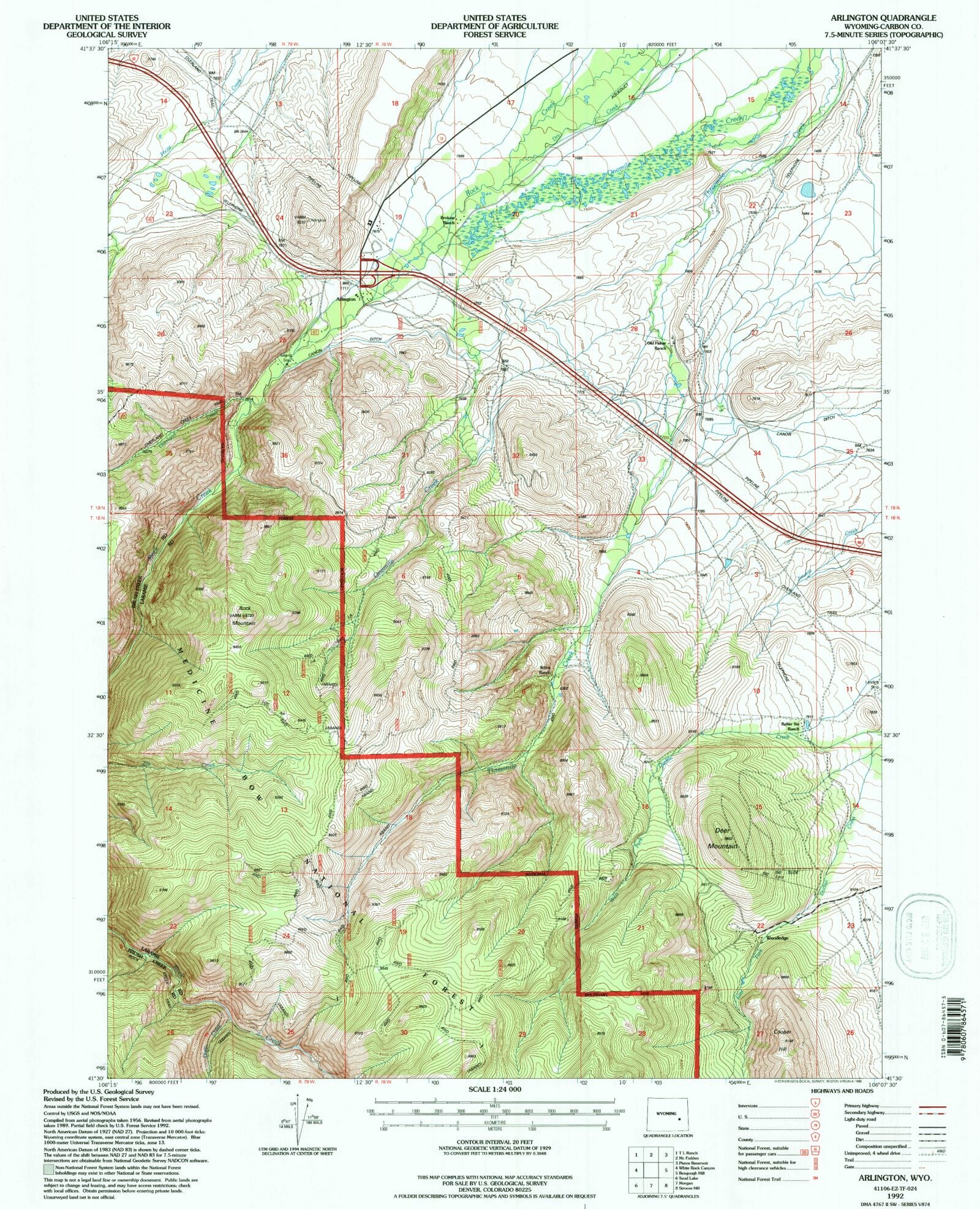 Classic USGS Arlington Wyoming 7.5'x7.5' Topo Map – MyTopo Map Store