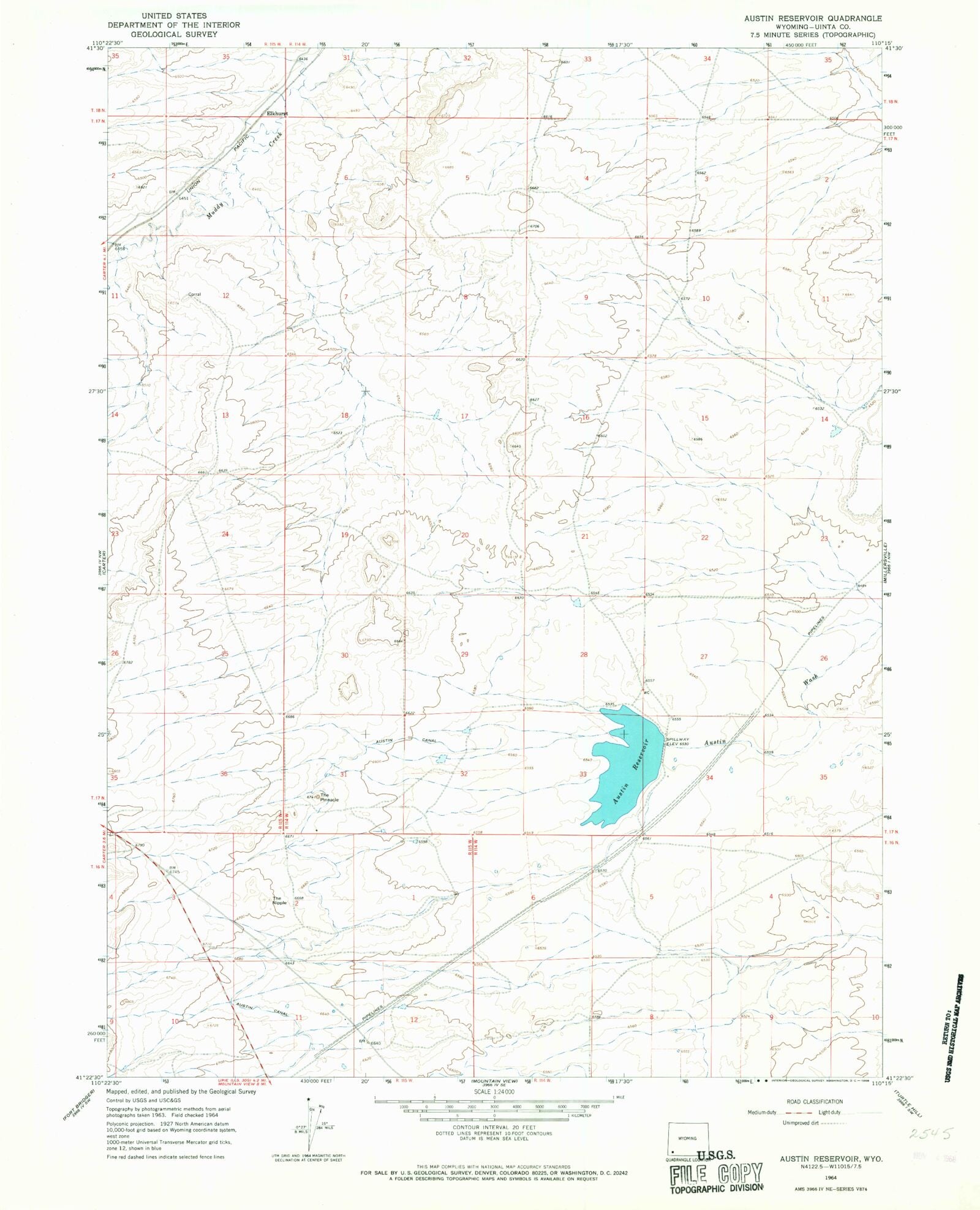 Classic USGS Austin Reservoir Wyoming 7.5'x7.5' Topo Map – MyTopo Map Store