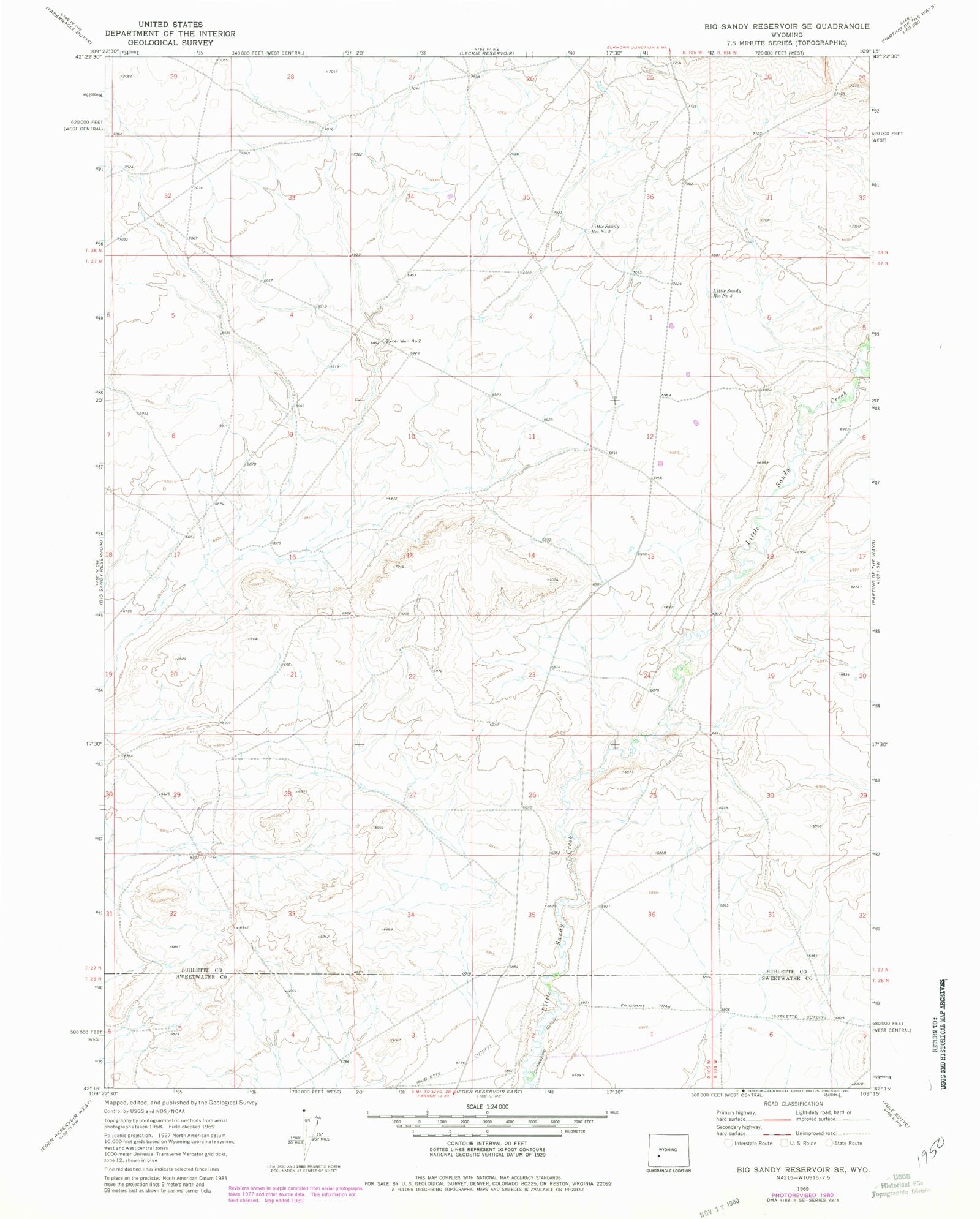 Classic USGS Big Sandy Reservoir SE Wyoming 7.5'x7.5' Topo Map – MyTopo ...