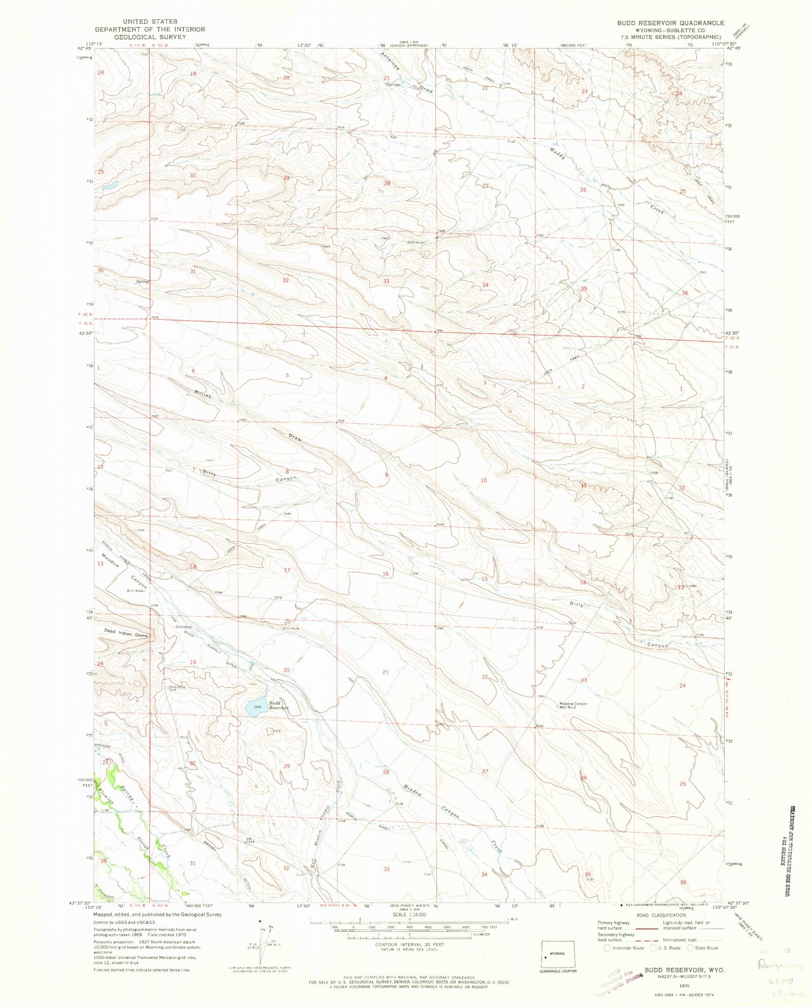 Classic USGS Budd Reservoir Wyoming 7.5'x7.5' Topo Map – MyTopo Map Store