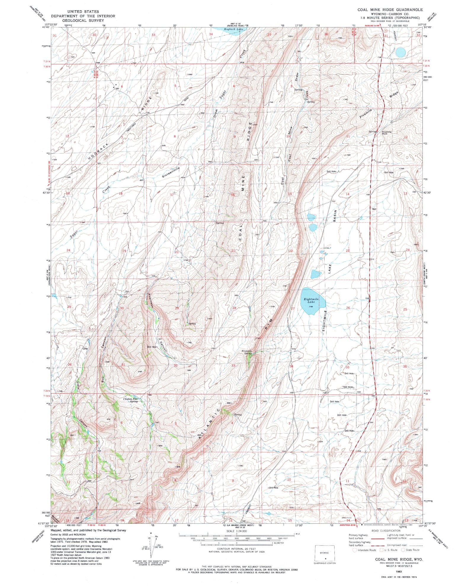 Classic USGS Coal Mine Ridge Wyoming 7.5'x7.5' Topo Map – MyTopo Map Store