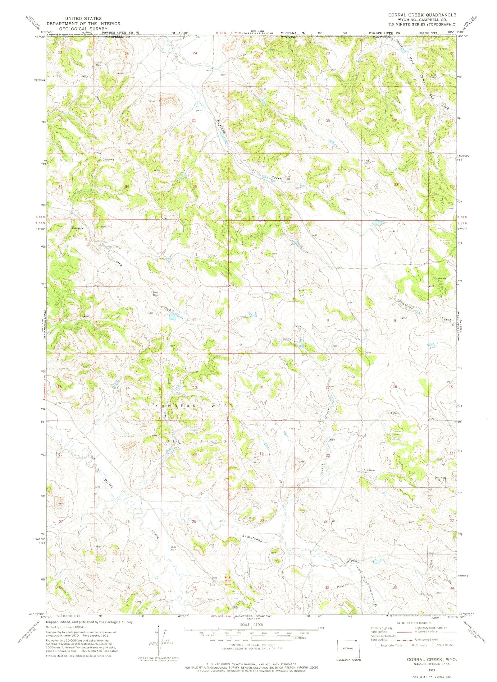 Classic USGS Corral Creek Wyoming 7.5'x7.5' Topo Map – MyTopo Map Store