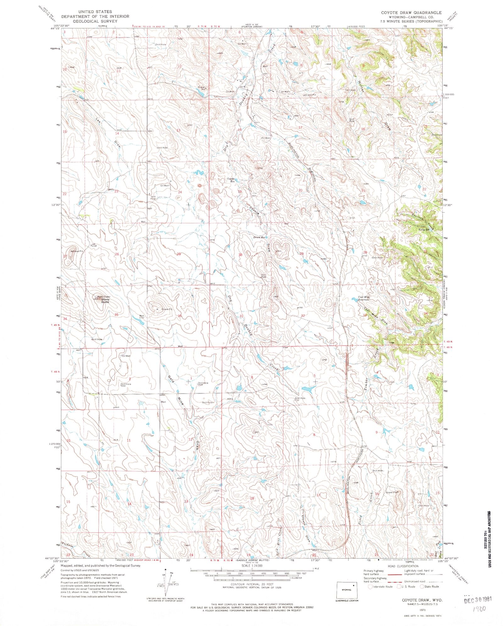 Classic USGS Coyote Draw Wyoming 7.5'x7.5' Topo Map – MyTopo Map Store