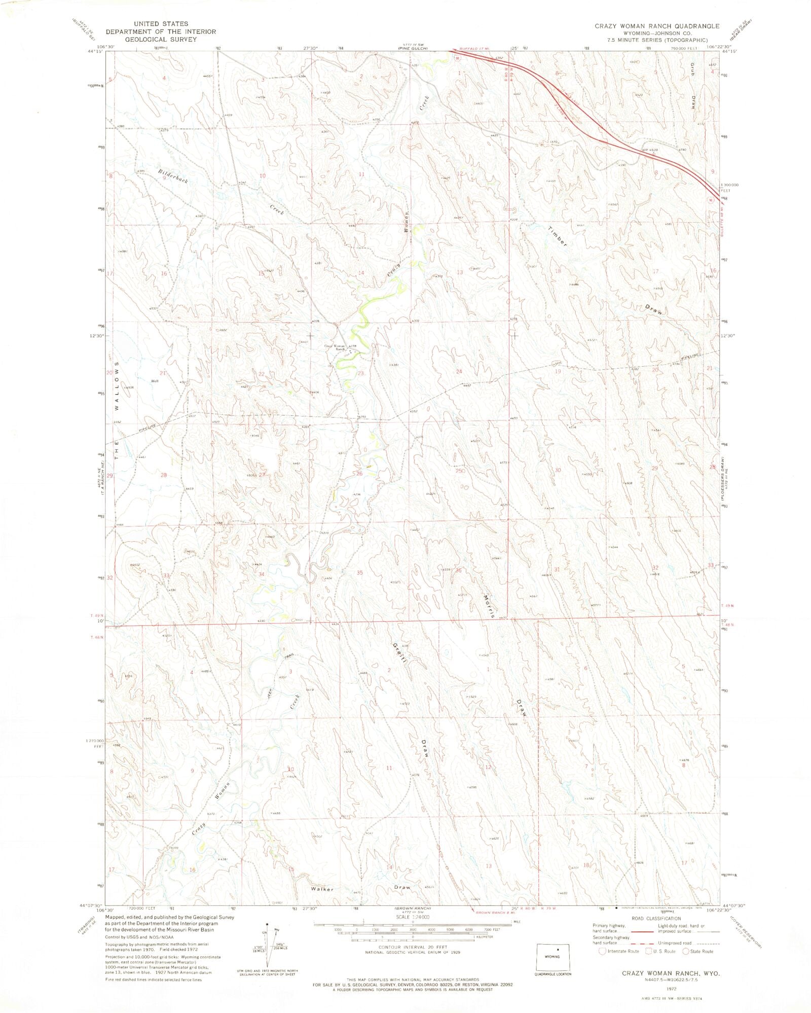 Classic USGS Crazy Woman Ranch Wyoming 7.5'x7.5' Topo Map – MyTopo Map ...