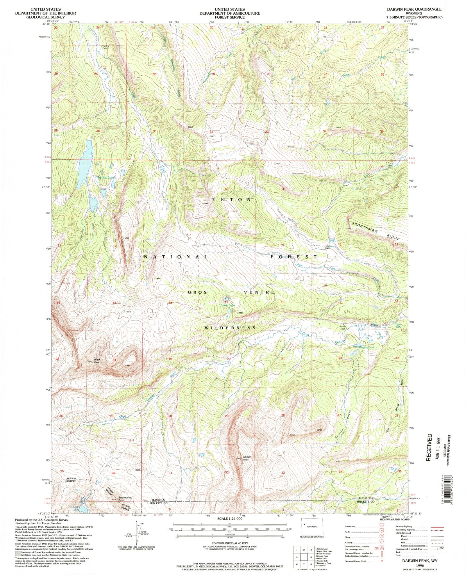 Classic USGS Darwin Peak Wyoming 7.5'x7.5' Topo Map – MyTopo Map Store