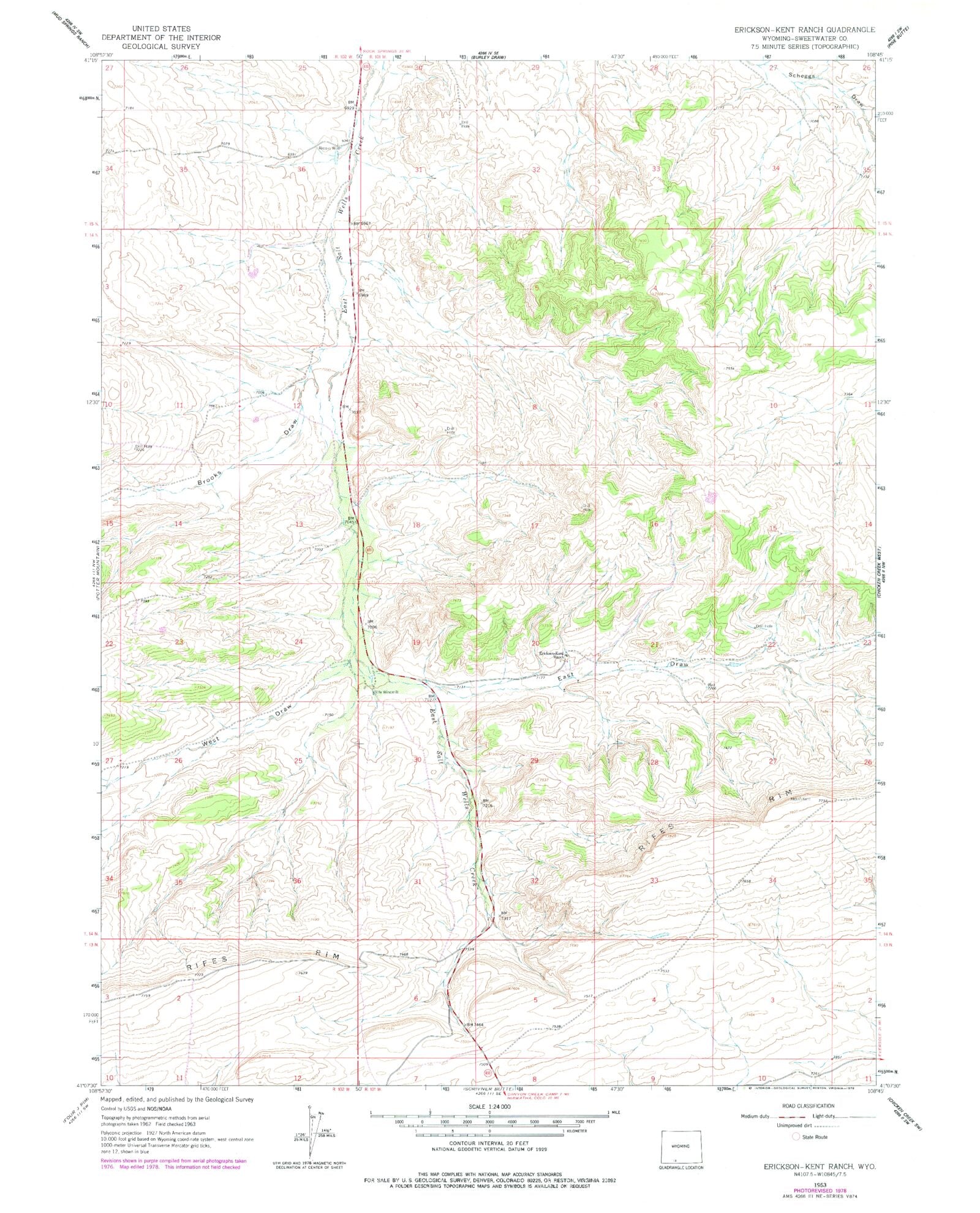 Classic USGS Erickson-Kent Ranch Wyoming 7.5'x7.5' Topo Map – MyTopo ...