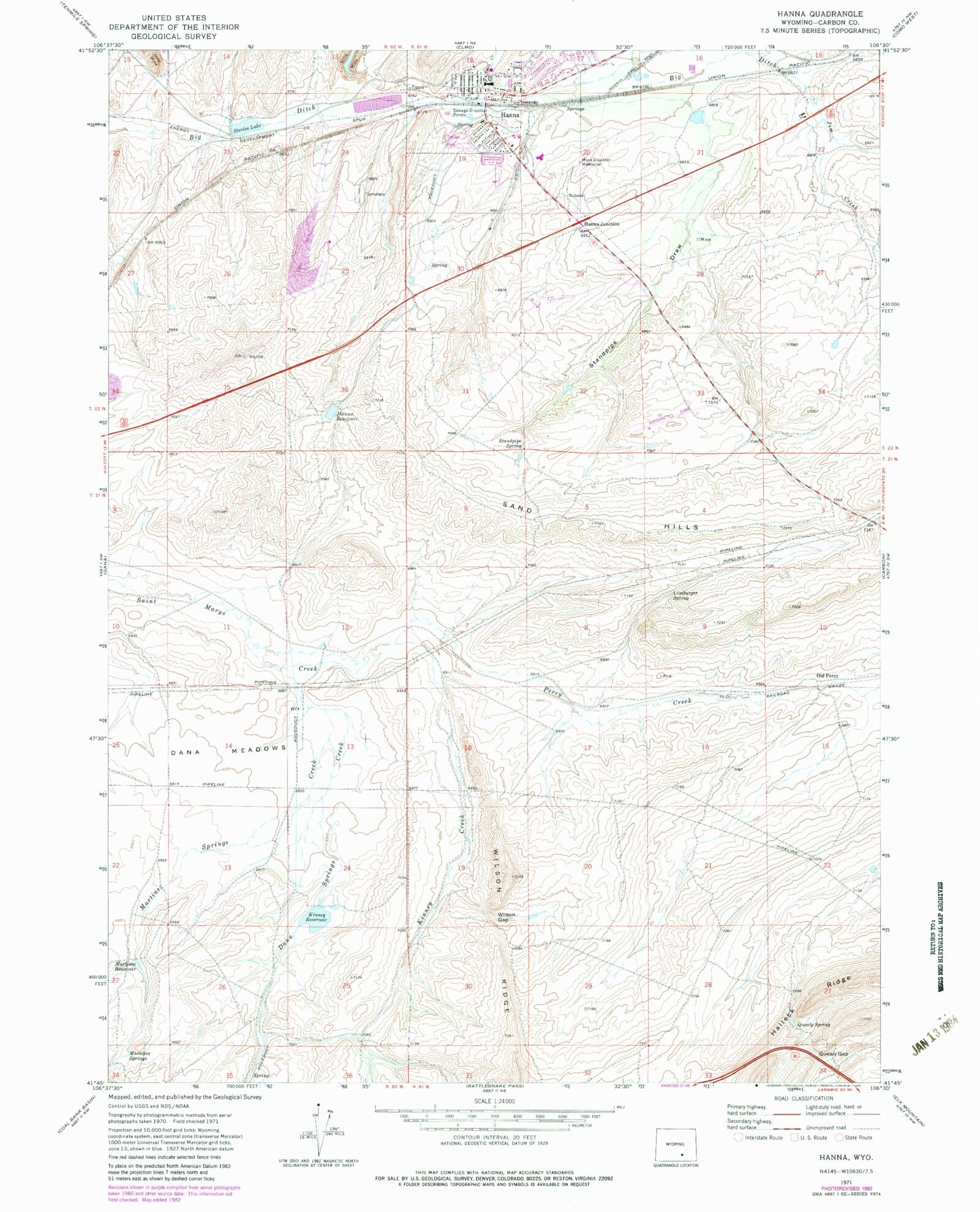 Classic USGS Hanna Wyoming 7.5'x7.5' Topo Map – MyTopo Map Store