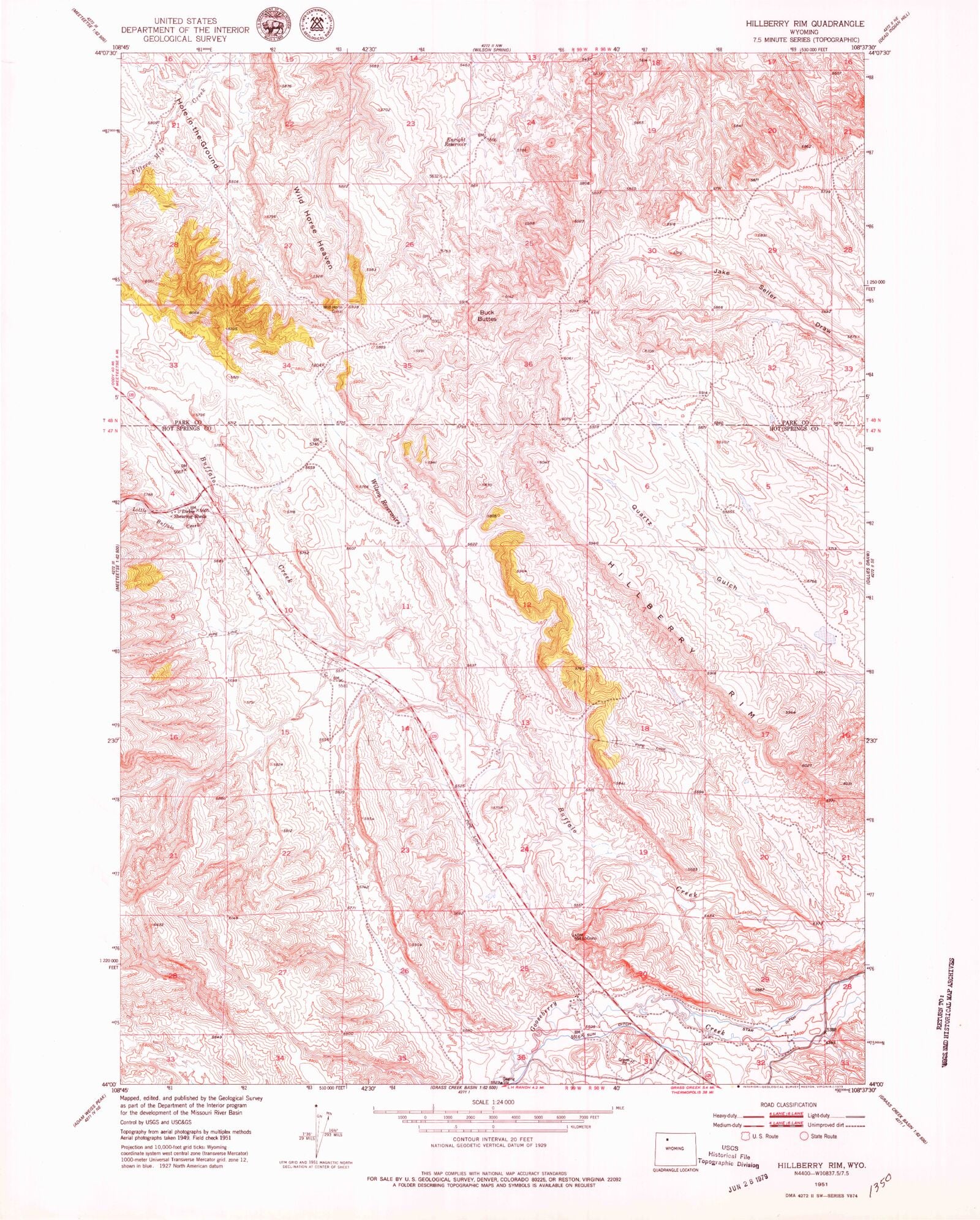 Classic USGS Hillberry Rim Wyoming 7.5'x7.5' Topo Map – MyTopo Map Store