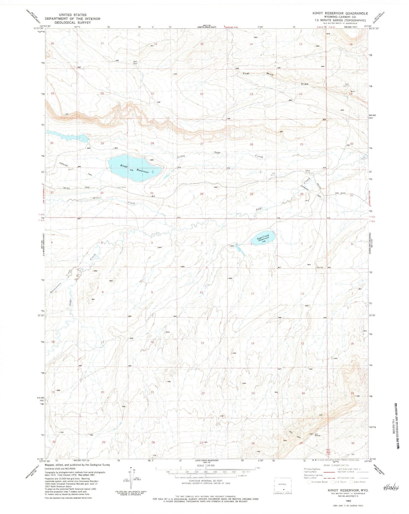 Classic USGS Kindt Reservoir Wyoming 7.5'x7.5' Topo Map – MyTopo Map Store