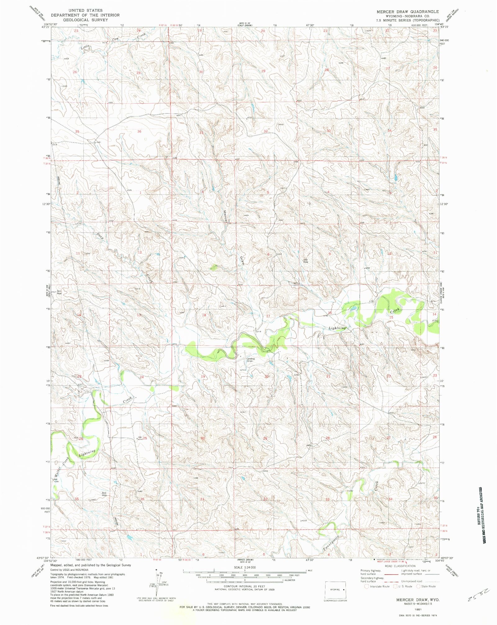 Classic USGS Mercer Draw Wyoming 7.5'x7.5' Topo Map – MyTopo Map Store