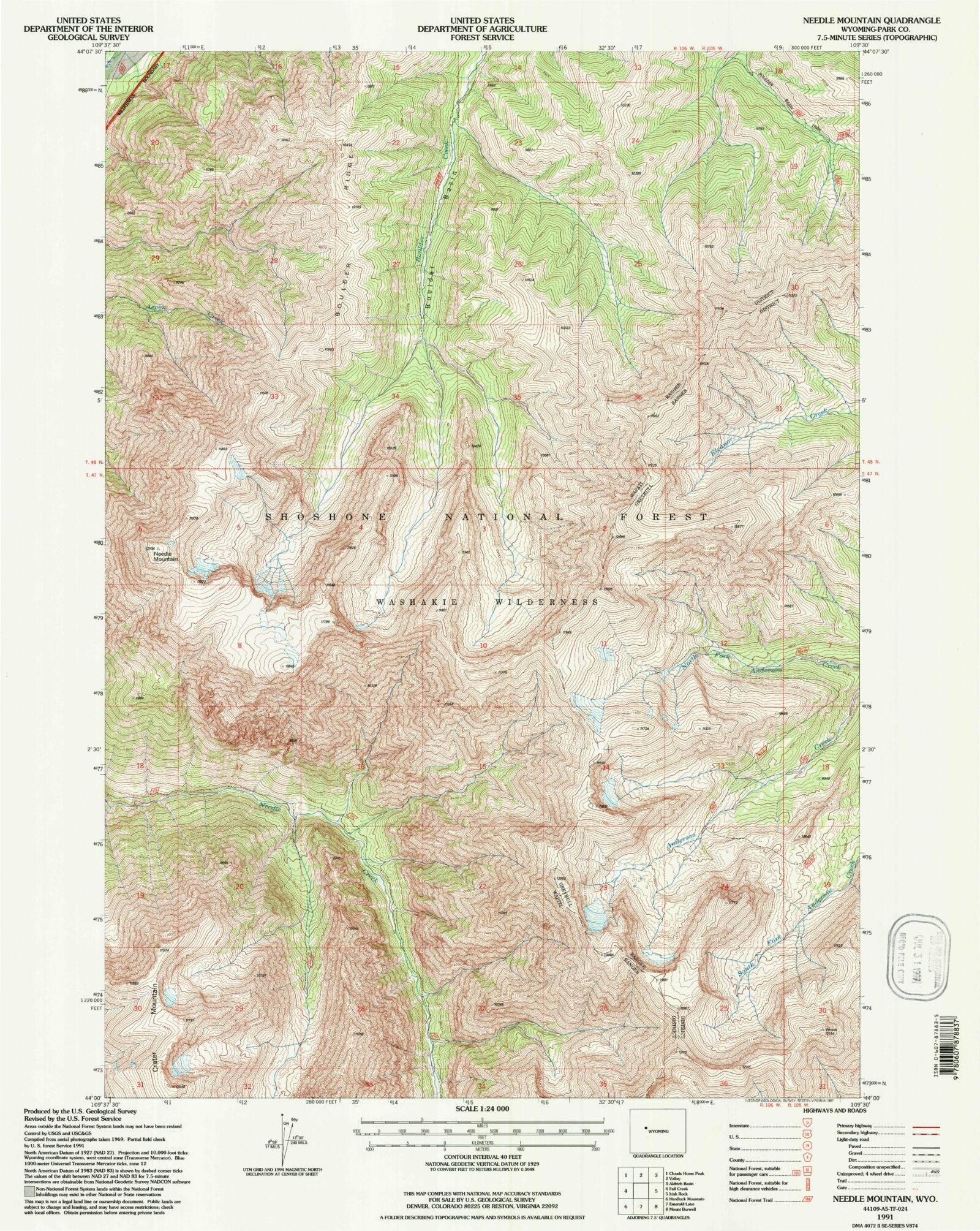Classic USGS Needle Mountain Wyoming 7.5'x7.5' Topo Map – MyTopo Map Store