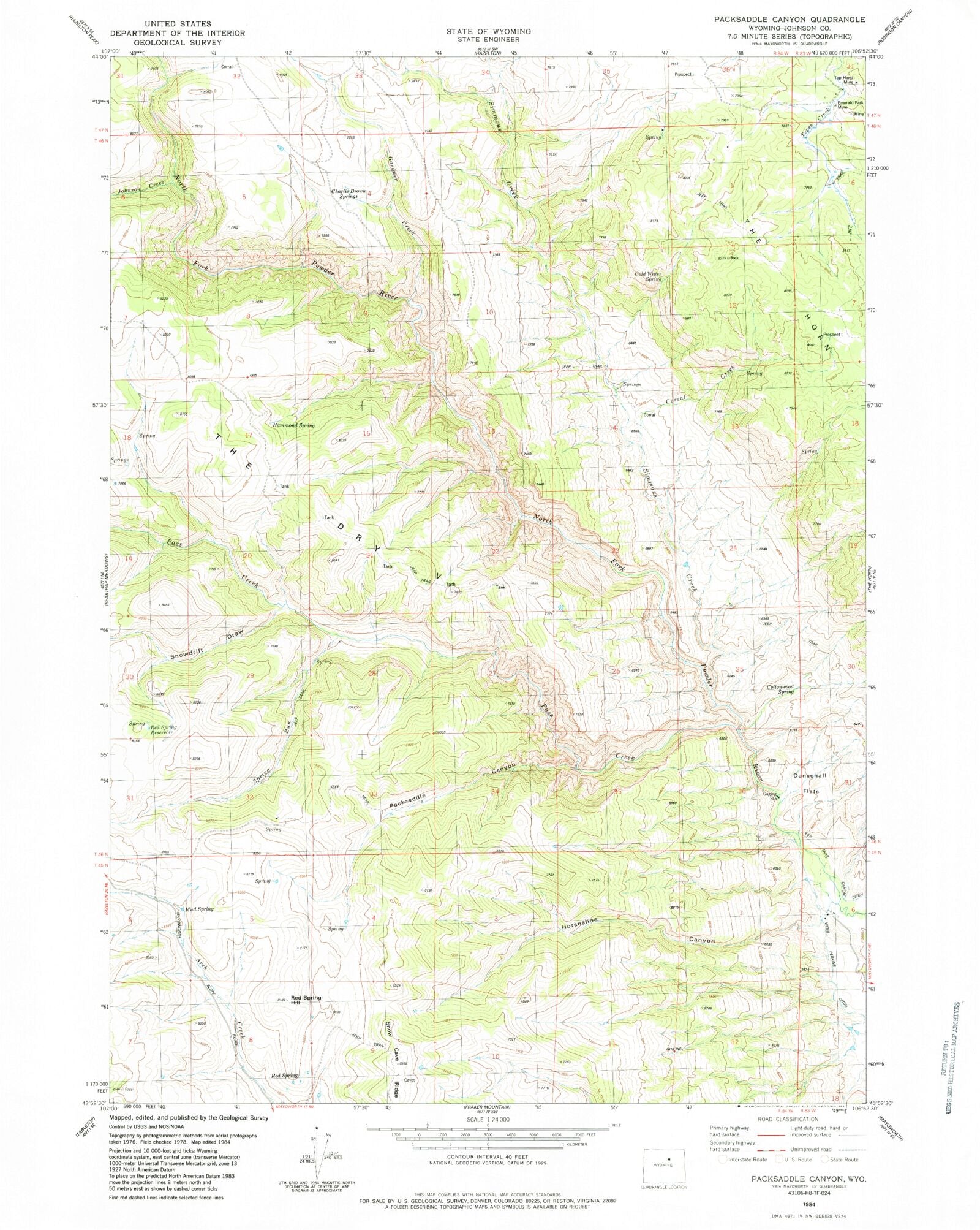Classic USGS Packsaddle Canyon Wyoming 7.5'x7.5' Topo Map – MyTopo Map ...