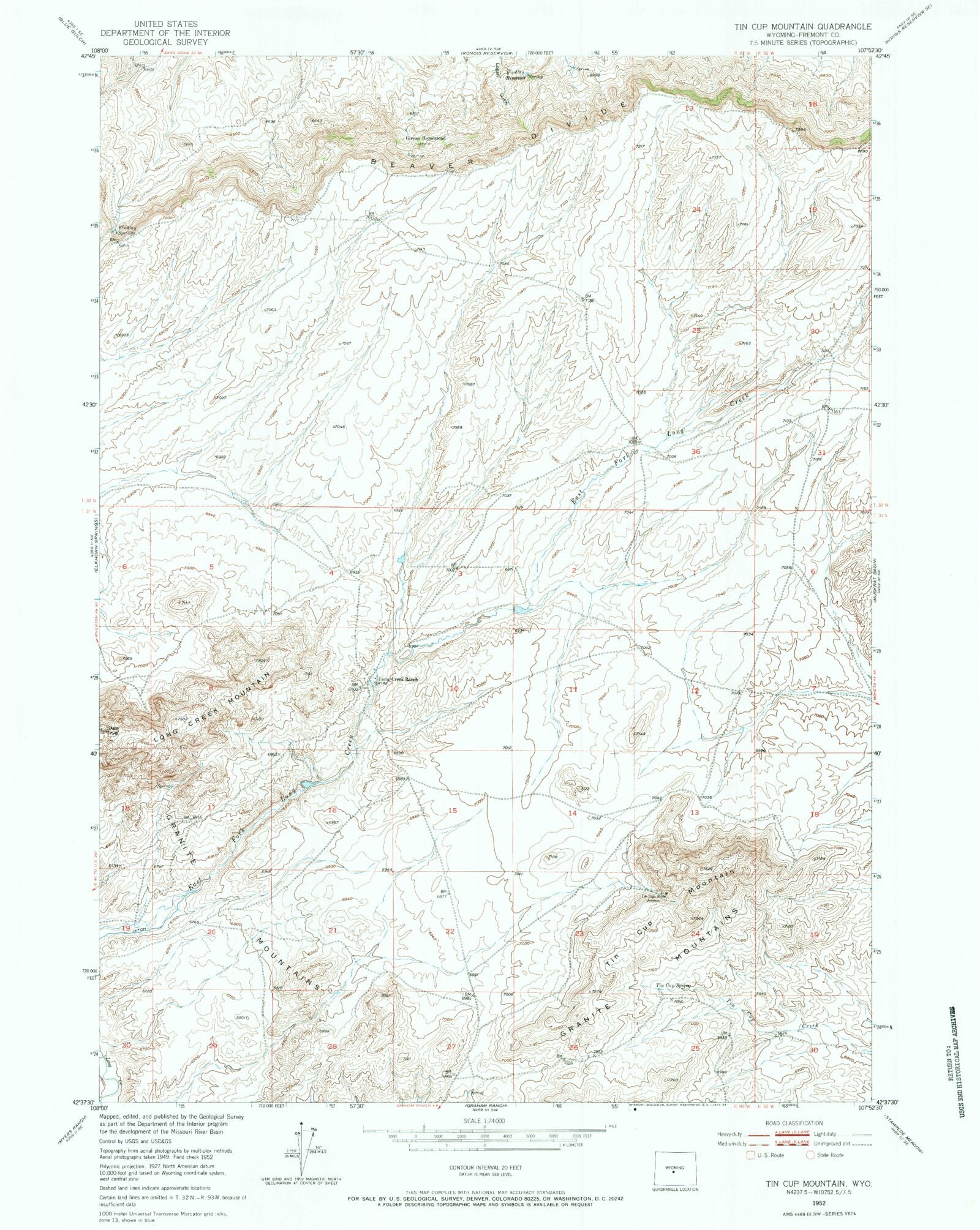 Classic USGS Tin Cup Mountain Wyoming 7.5'x7.5' Topo Map – MyTopo Map Store