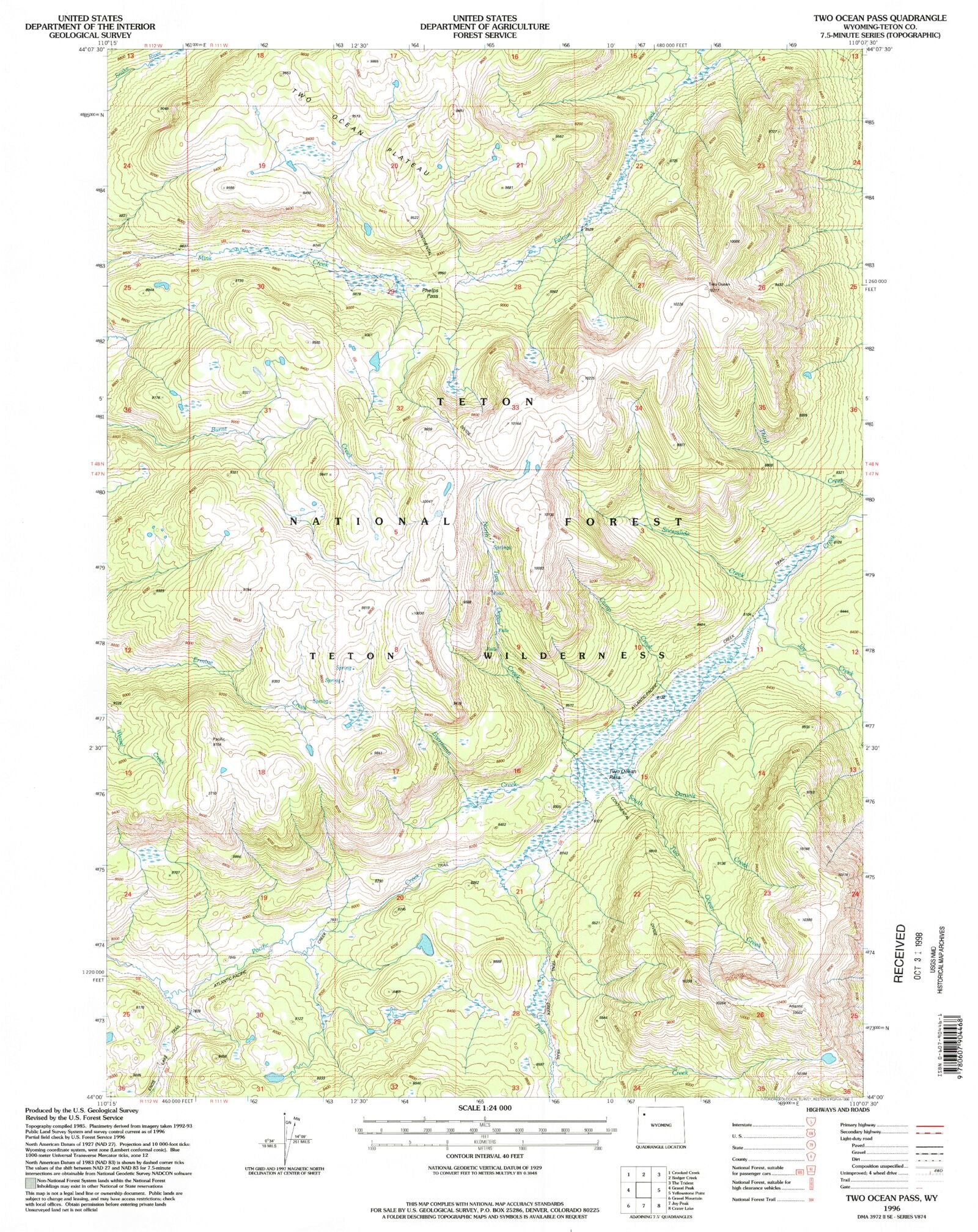 Classic USGS Two Ocean Pass Wyoming 7.5'x7.5' Topo Map – MyTopo Map Store